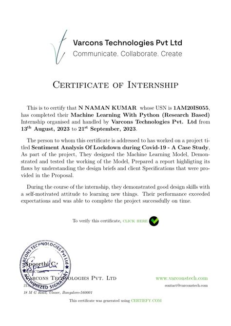 N Naman Kumar On Linkedin Successfully Completed The Internship On Machine Learning With Python In