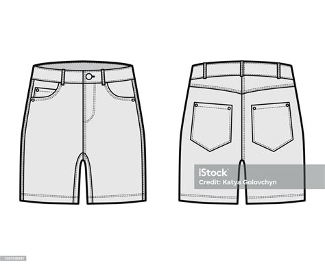 데님 쇼트 팬츠 테크니컬 패션 일러스트 허벅지 길이 허리 상승 곡선 동전 각진 5 포켓 0명에 대한 스톡 벡터 아트 및 기타 이미지 Istock