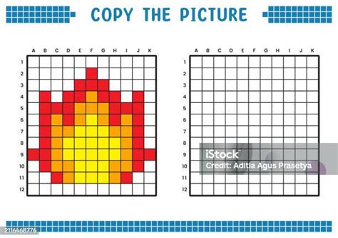 그림을 복사하고 그리드 이미지를 완성합니다 사각형으로 그리는 교육용 워크시트 색칠 영역 어린이의 유치원 활동 만화 벡터 픽셀 아트 불타는 불 상징 그림입니다 모자이크 처리에