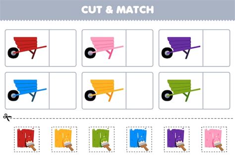 어린이를 위한 교육 게임은 같은 색상의 귀여운 만화 수레 인쇄 가능한 농장 워크시트를 자르고 일치시킵니다 프리미엄 벡터