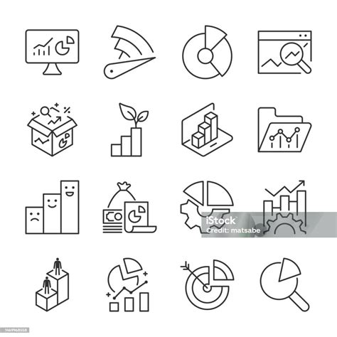 분석 열 및 다이어그램 아이콘을 설정합니다 분석 및 통계 데이터의 시각적 표현 선형 아이콘 컬렉션 편집 가능한 획이 있는 선