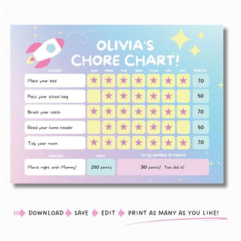 Editable Rocket Reward Chart Pastel Colours Chore Chart Printable