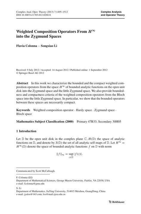Pdf Weighted Composition Operators From H∞into The Zygmund Spaces