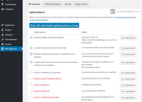 wp optimize limpia y optimiza tu base de datos wordpress vivablogger