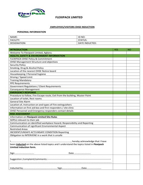 Flexipack OHSE Induction Form Safety Training