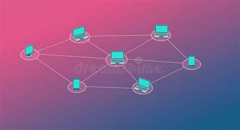 A Network Diagram Features Devices Such As Laptops And Smartphones Connected Stock Illustration