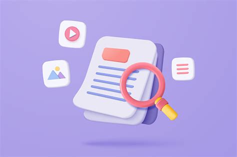 3d 미디어 파일 관리 개념입니다 데이터베이스에서 이미지 및 비디오 파일을 검색합니다 문서 관리 소프트 문서 흐름 앱 복합 문서 개념 3d 돋보기 아이콘 벡터 렌더링 그림