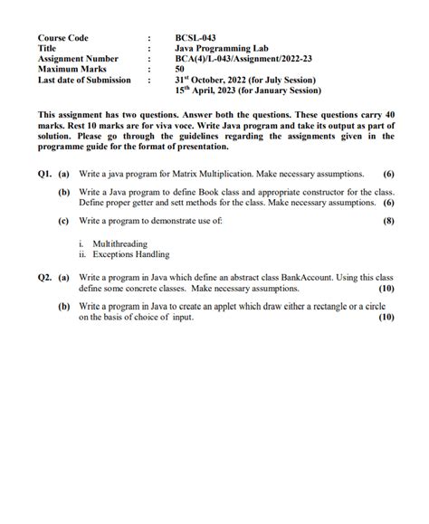 Bcsl 043 Java Programming Lab Solved Assignment 2022 23