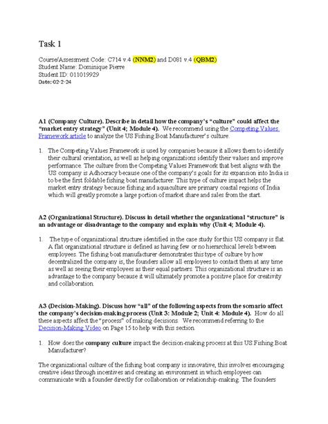 D081 Task 1 Send Passed Task 1 Course Assessment Code C714 V NNM2 And D081 V QBM2