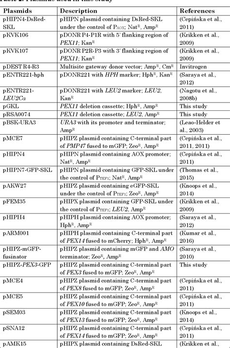 Table 2 From Peroxisomal Membrane Contact Sites In The Yeast Hansenula Polymorpha Semantic Scholar