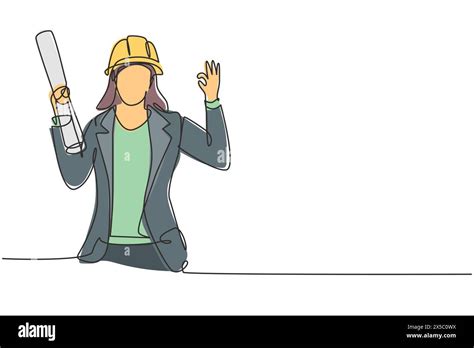 Single Continuous Line Drawing Female Architect With Gesture Okay And