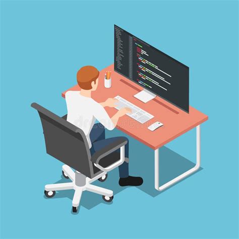 isometric software developer or programmer coding on pc computer stock