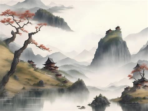 중국 전통 가옥 언덕 풍경 풍경 수채화 그림 벽지 동양 배경 프리미엄 사진