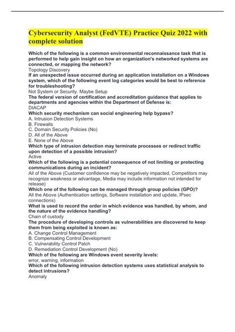 Cybersecurity Analyst FedVTE Practice Quiz 2022 With Complete Solution FedVTE Stuvia US