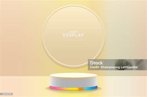 원형의 사실적인 3d 흰색 갈색 및 무지개 다채로운 실린더 연단 받침대 무대 모형을 위한 최소한의 장면 제품 발표를 위한 다채로운 무대 3d 벡터 렌더링 0명에 대한 스톡