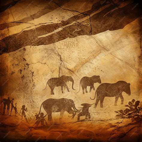 Antiga Cena De Pintura Rupestre De Caça De Mamutes Por Homens Das