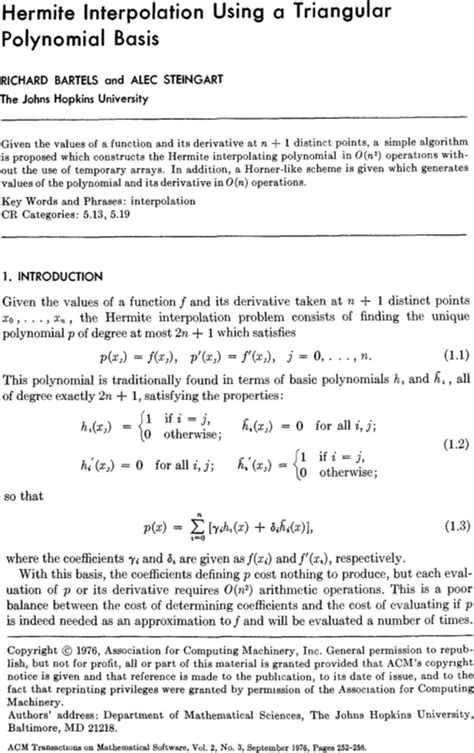 Hermite Interpolation Using A Triangular Polynomial Basis Acm Transactions On Mathematical