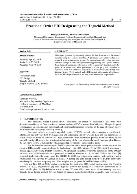 Pdf Fractional Order Pid Design Using The Taguchi Method