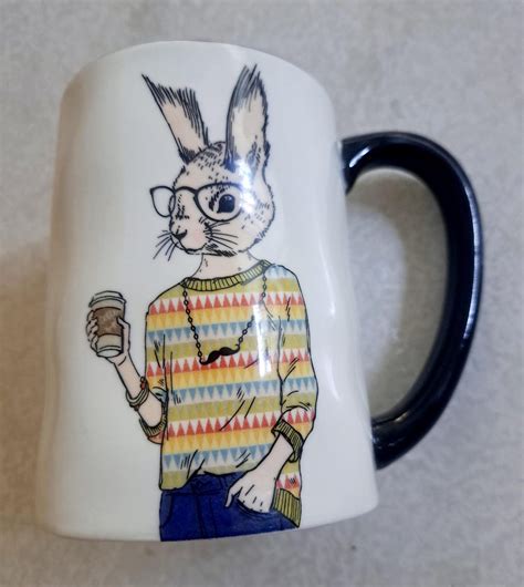 Handmade Stoneware Coffee Mug Hipster Rabbit Design 14 Oz Etsy
