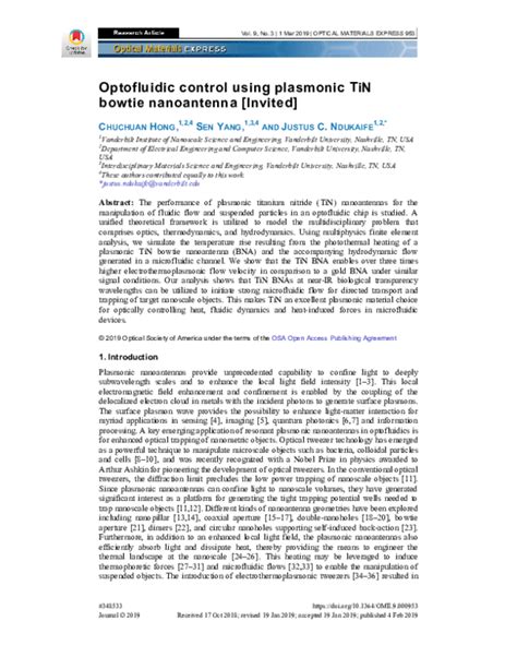 Pdf Optofluidic Control Using Plasmonic Tin Bowtie Nanoantenna