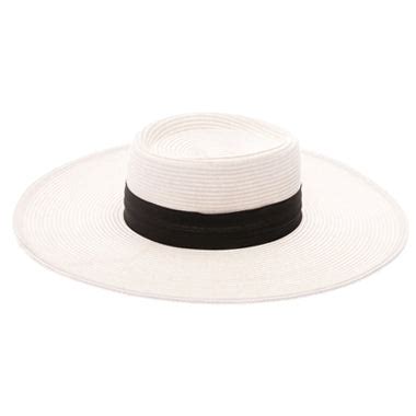 White Straw Flat Brim Bolero Hat With Black Band Boardwalk Style