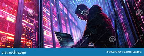 A Hacker Works Intensely On A Laptop Surrounded By Glowing Server Racks In A Dimly Lit Data