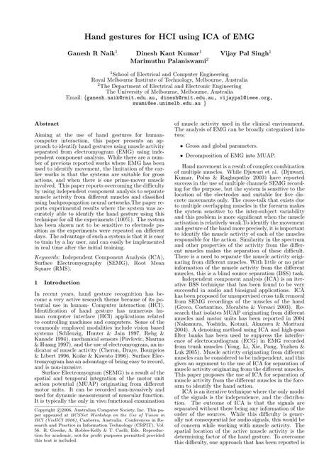 Pdf Hand Gestures For Hci Using Ica Of Emg
