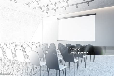 빈 흰색 모의 배너가 있는 현대적인 로프트 콘크리트 강당 인테리어의 손으로 그린 스케치 디자인 및 아키텍처 개념입니다 3d