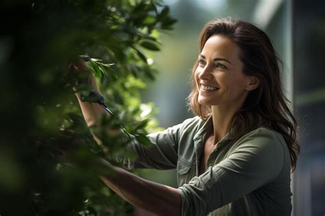 Premium Ai Image A Happy Woman Is Thinning And Trimming Tree With