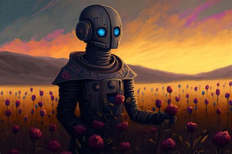 Premium Photo An Ancient Robot Standing In The Field Of Flowers Digital Art Style Illustration