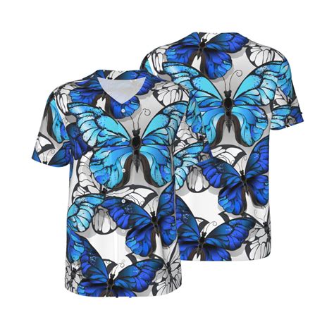 Coaee Blue And White Butterflies Mens Baseball T Shirt Casual Short