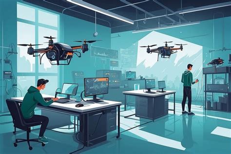 Depict A Robotics Lab With Students Developing Autonomous Drones For Wildlife Monitoring Vector