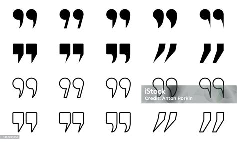 인용 마크 라인과 실루엣 아이콘의 집합입니다 흰색 배경에 마크 기호 컬렉션을 인용 문장 부호 음성 아이콘 인용의 이중 쉼표 징후 격리된 벡터 일러스트레이션 인용 부호에 대한