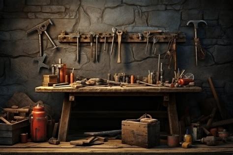 Premium Photo 3d Rendering Old Workbench With Tools