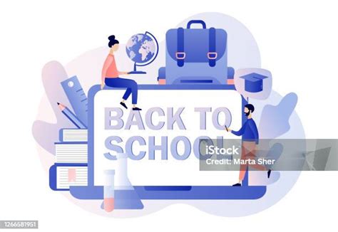 학교로 돌아갑니다 노트북 배낭 교육 도구 계산기 학교 문구 지구 및 책을 가진 작은 사람들 온라인 교육 개념 현대 플랫 만화 스타일 벡터 일러스트레이션 9월에 대한 스톡