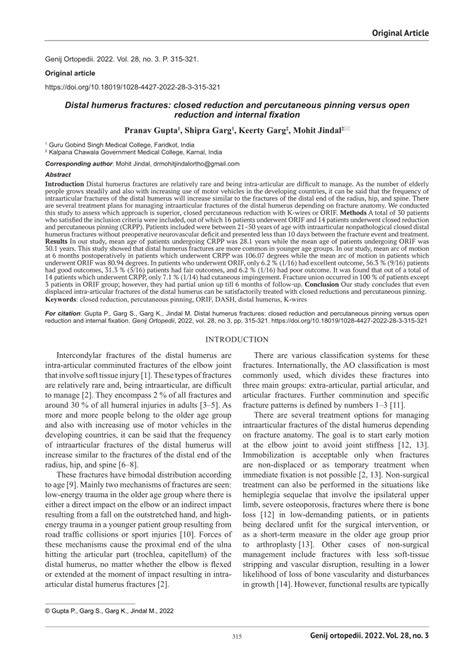 Pdf Distal Humerus Fractures Closed Reduction And Percutaneous Pinning Versus Open Reduction