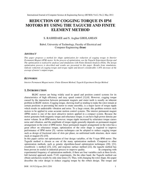 Pdf Reduction Of Cogging Torque In Ipm Motors By Using The Taguchi