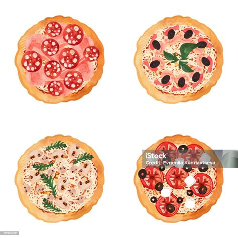 피자 세트 고기 해산물 버섯 토마토 피자를 두툼하게 반죽 얹은 피자 Isolated Watercolor Illustration On White Background For