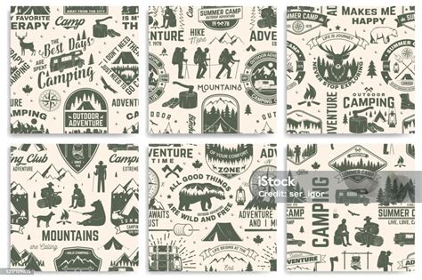 여름 캠프 의 세트 원활한 패턴 배경 벡터 Rv 트레일러 텐트 산 캠프 파이어 등산객과 숲 실루엣 복고풍 타이포그래피 디자인 캠핑 및 하이킹 단체용 캠핑에 대한 스톡 벡터