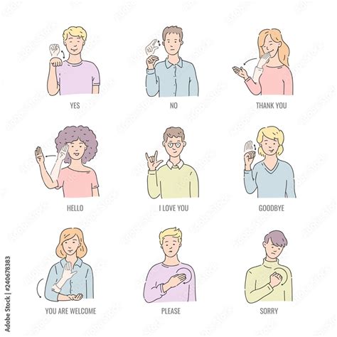 Deaf English Basic Words In Line Art Isolated On White Background
