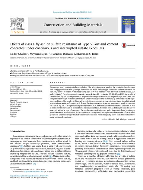 Pdf Effects Of Class F Fly Ash On Sulfate Resistance Of Type V Portland Cement Concretes Under