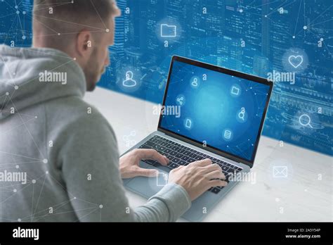 Internet Of Things Concept With Guy And Laptop Conceptual Icons Emerge From The Display And