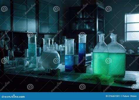 Dark Laboratory Room With Beakers With Colourful Fluids Created Using Generative Ai Technology