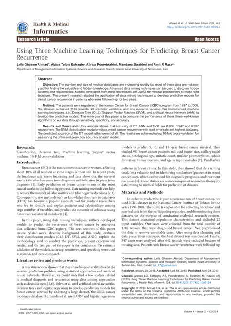 Pdf Using Three Machine Learning Techniques For Predicting Breast Cancer