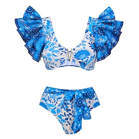 Calista Blue And White Floral Print Ruffle Trim Puff Sleeve Bikini Set
