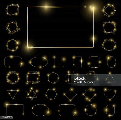 골드 반짝 빛나는 프레임 검은 배경에 고립의 메가 팩 럭셔리 현실적인 사각형 사각형 원형 타원형 삼각형 테두리의 팩입니다 장식 골든 럭셔리 라인 테두리입니다 벡터 0명에