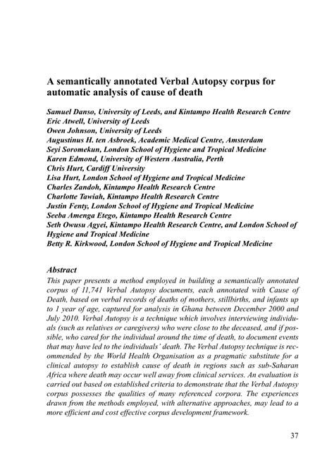 Pdf A Semantically Annotated Verbal Autopsy Corpus For Automatic Analysis Of Cause Of Death