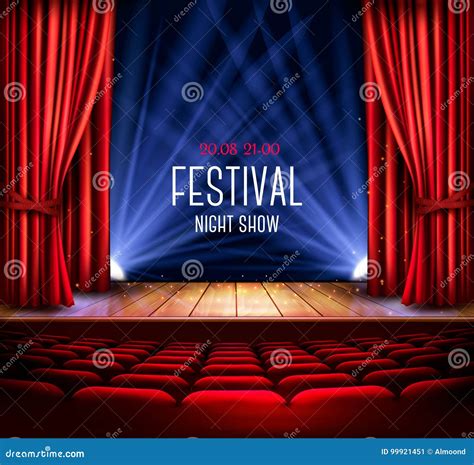 A Theater Stage With A Red Curtain And A Spotlight Festival Night Show Poster Vector
