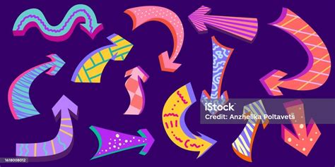 화살은 장난기 넘치는 다채로운 세트입니다 아이들을위한 기발한 다양한 화살표와 재미있는 디자인 벡터 그림입니다 장난스럽고 멋진 요소 트렌디한 심플한 일러스트 개체 그룹에 대한