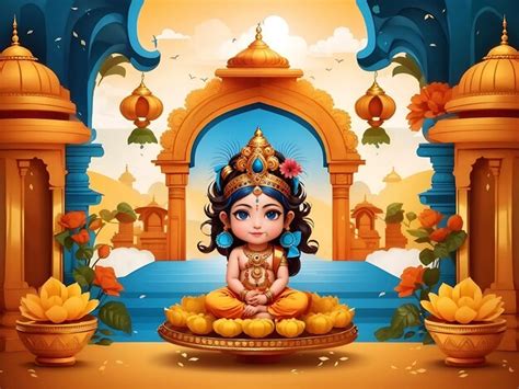 힌디어 캘리그라피 포스터카드와 함께 인도의 마슈타미 축제에서 마슈타미 크리슈나 신을 축하합니다 프리미엄 Ai 생성 이미지